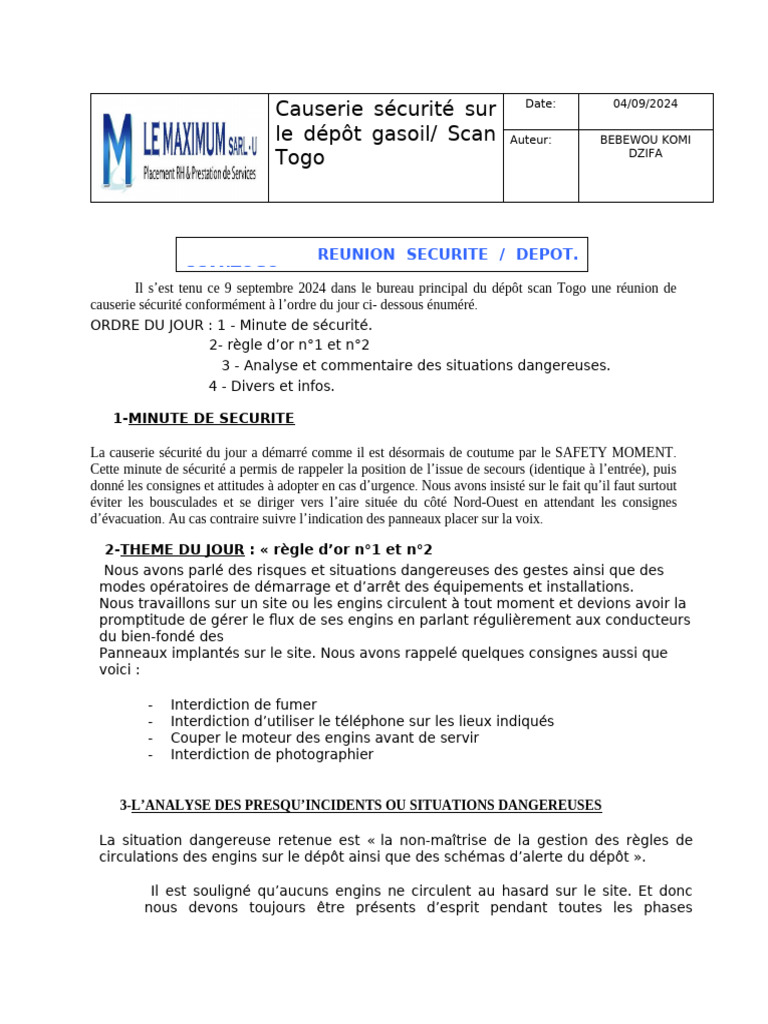 Causerie sécurité au dépôt Scan Togo | PDF