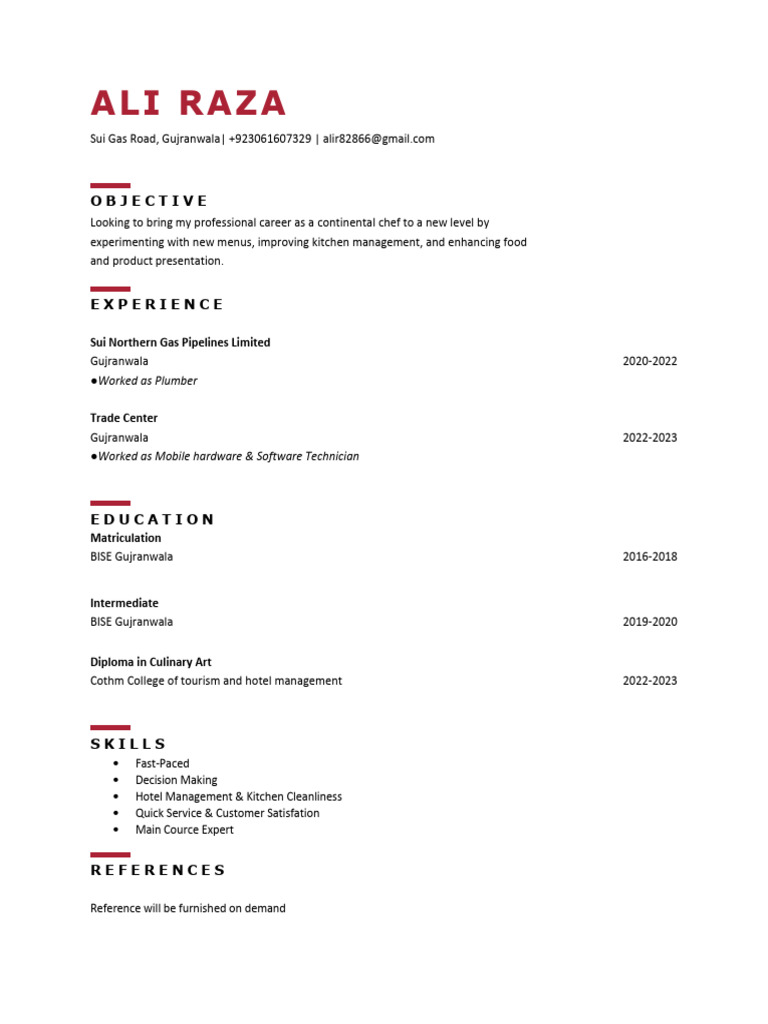 Continental Chef Resume - Ali Raza | PDF