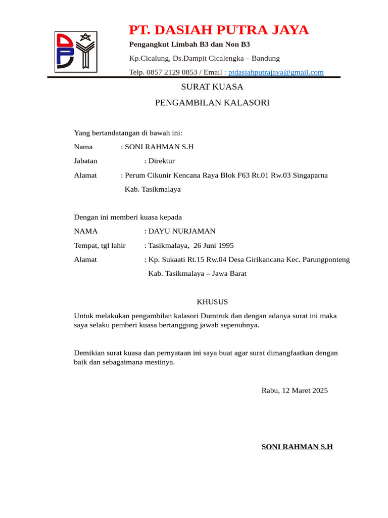 Surat Kuasa Pengambilan Kalasori | PDF