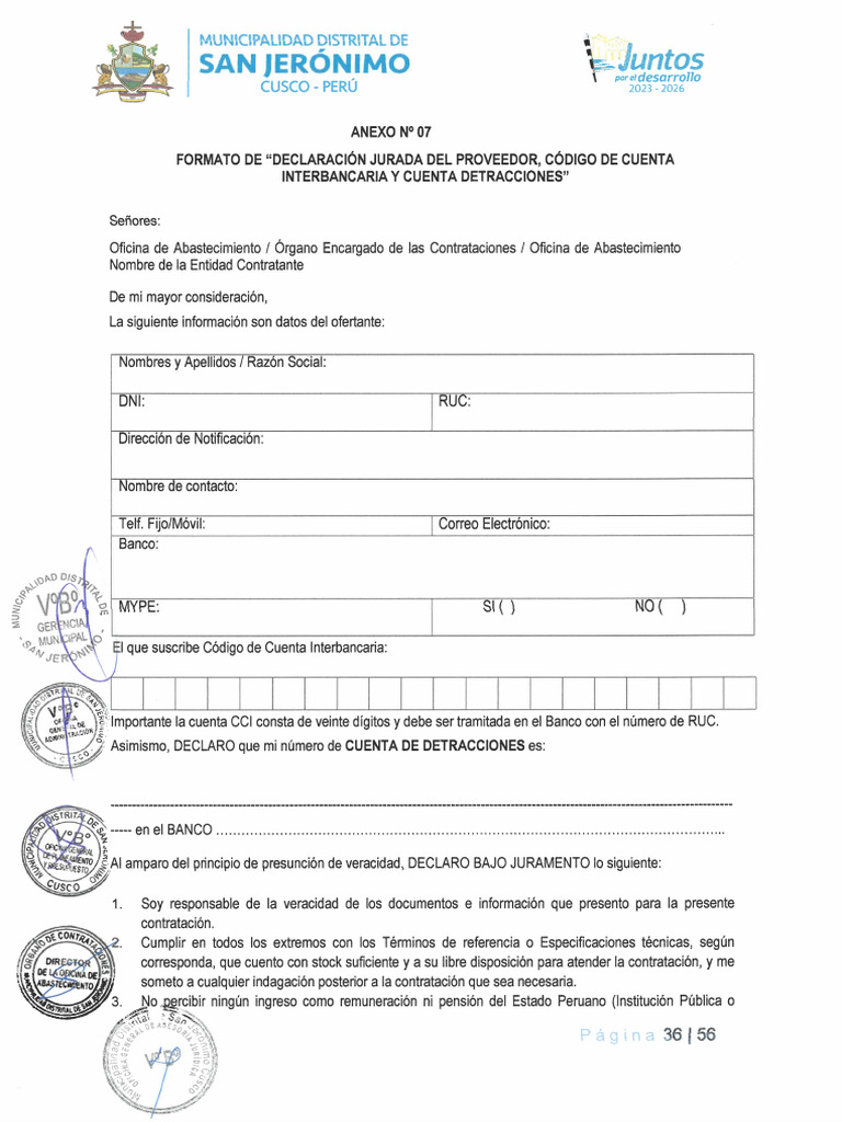 Anexo 07 Declaracion Jurada Del Provedor, CCI y CD | PDF