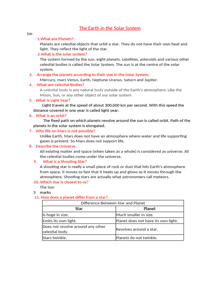 6.Qs-Ans The Earth in The Solar System | PDF | Solar System | Planets
