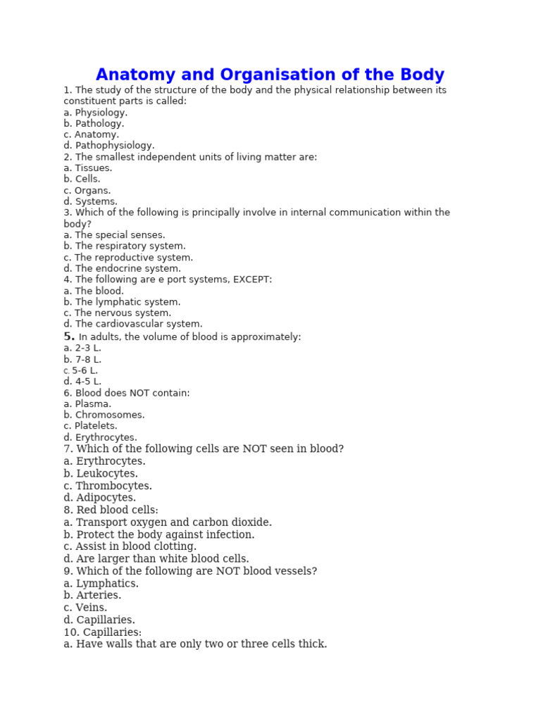 Anatomy and Organisation of The Body MCQs | PDF | Blood | Human Body