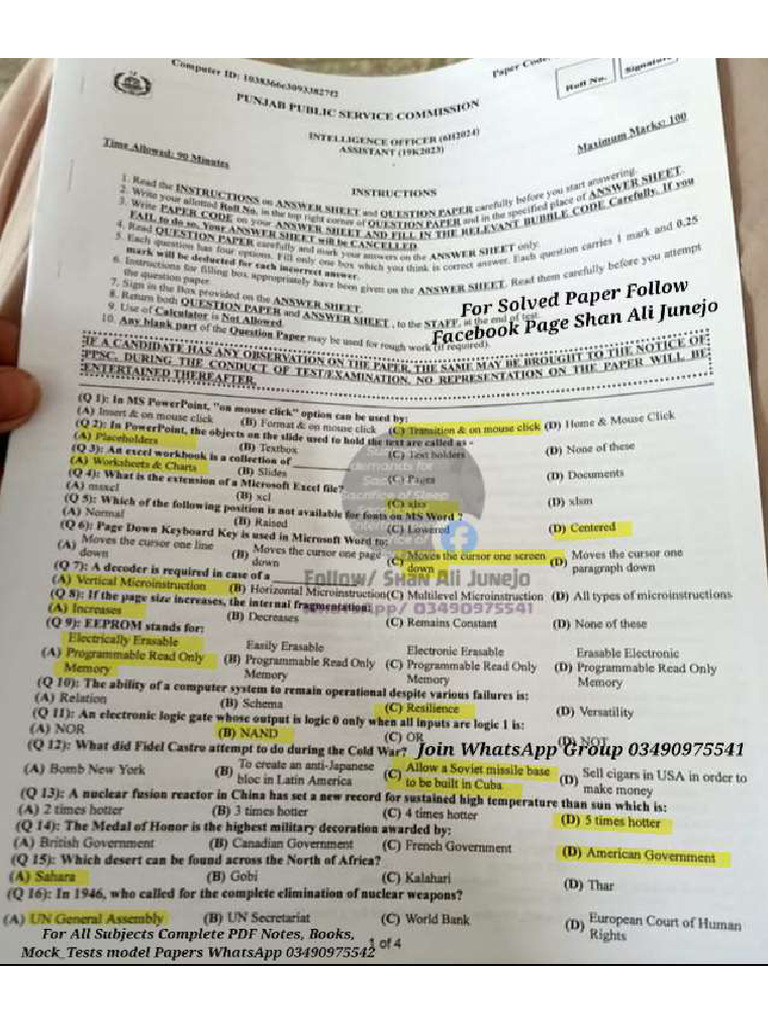 PPSC Intelligence Officer Original Solved Paper Held On 25 August 2024 ...