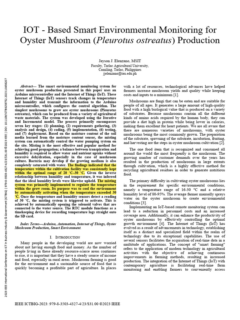 Iot Based Smart Environmental Monitoring For Oyster Mushroom Pleurotus Ostreatus Production