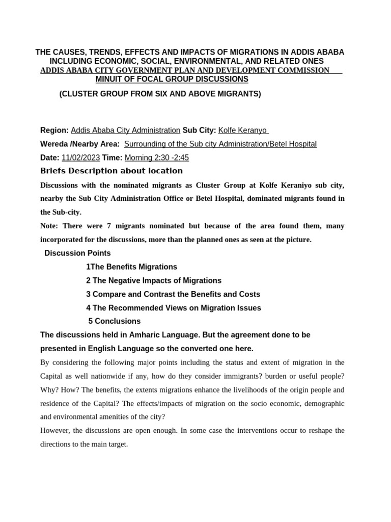 Focal Group Discussion-AAPDC-kolfe Keranyo-Final | PDF | Human Migration | Economies