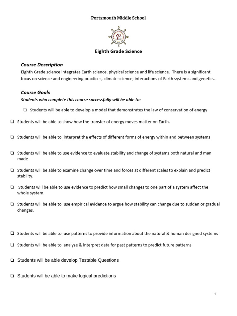 WSP - 8th Grade Science PMS Syllabus Overview | PDF | Science | System