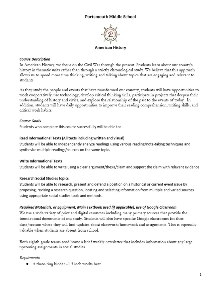 WSP - 8th Grade US History PMS Syllabus Overview | PDF | Reading Comprehension | Behavior ...