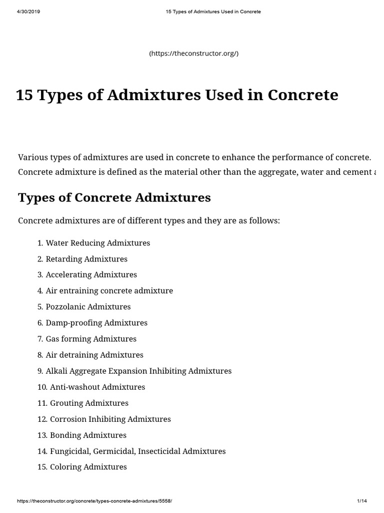 15 Types of Admixtures Used in Concrete | PDF | Concrete | Cement