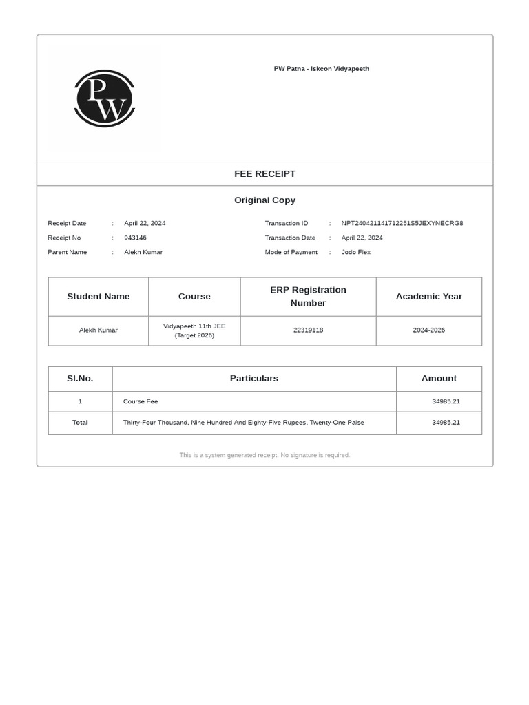 Alekh Kumar - Fee Payment Receipt - 1713783075 | PDF