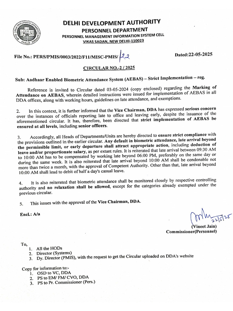 Strict Implementation of Aadhaar Enabled Biometric Attendance Systems (AEBAS) in DDA | PDF