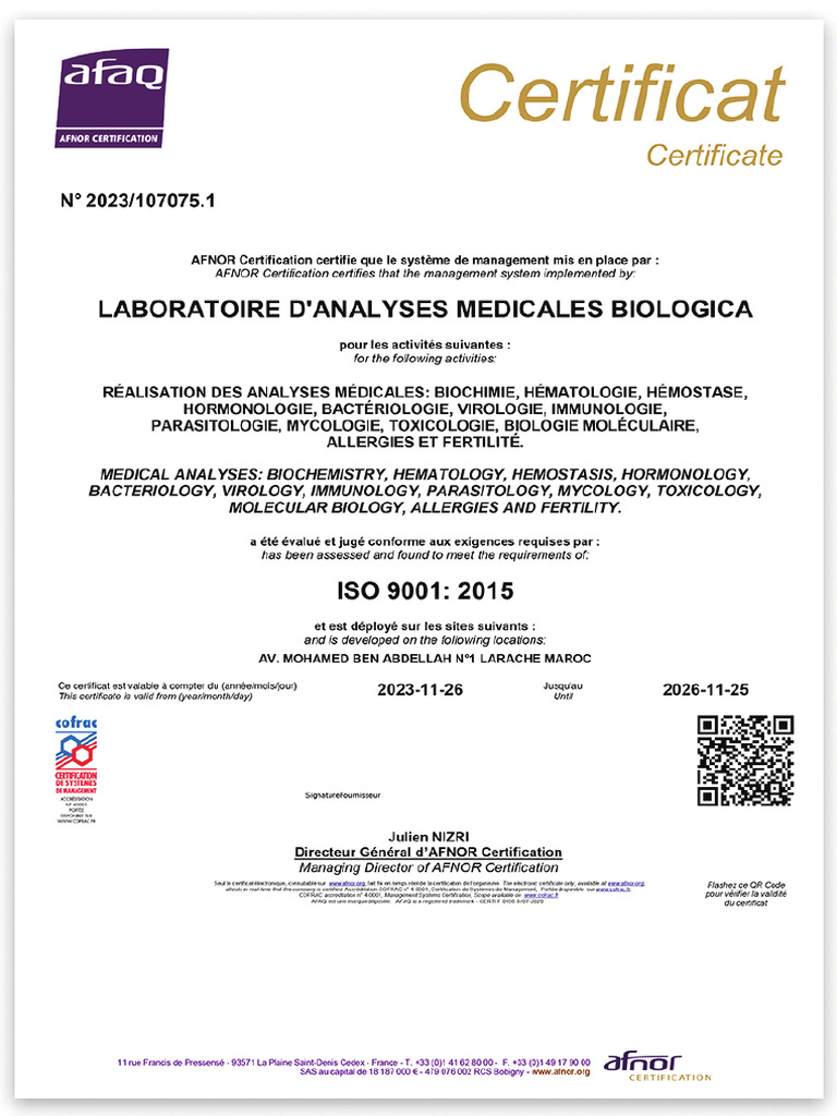 Biologica Certifie ISO 9001 V 2015 en Biologie Medicale | PDF