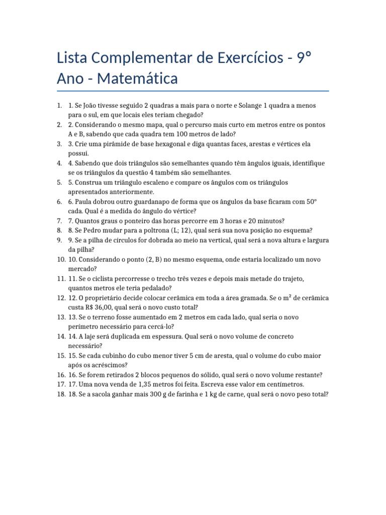 Lista Complementar 9ano Matematica | PDF