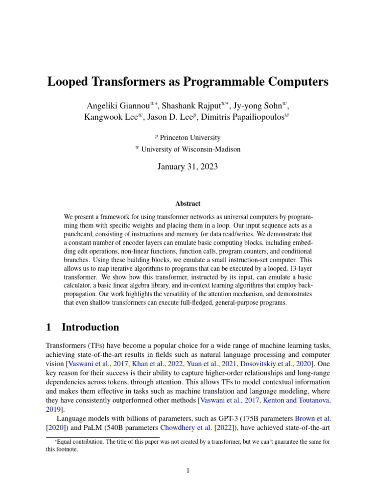 Looped Transformers As Programmable Computers | PDF | Matrix (Mathematics) | Machine Learning