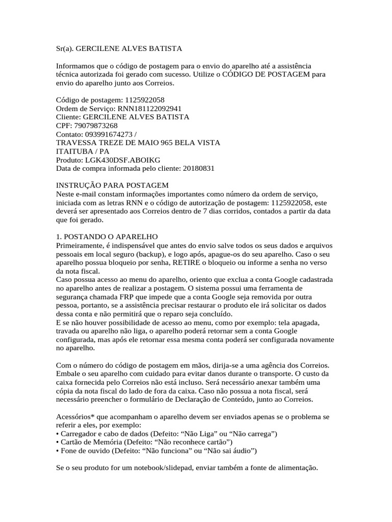 Autorizacao de Postagem Celular Gercilene | PDF