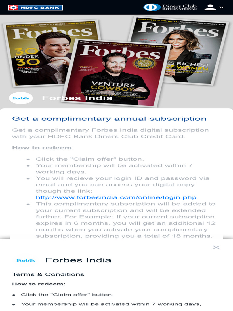 Forbes India - Offers & Privileges - HDFC Bank Diners Club 2 | PDF