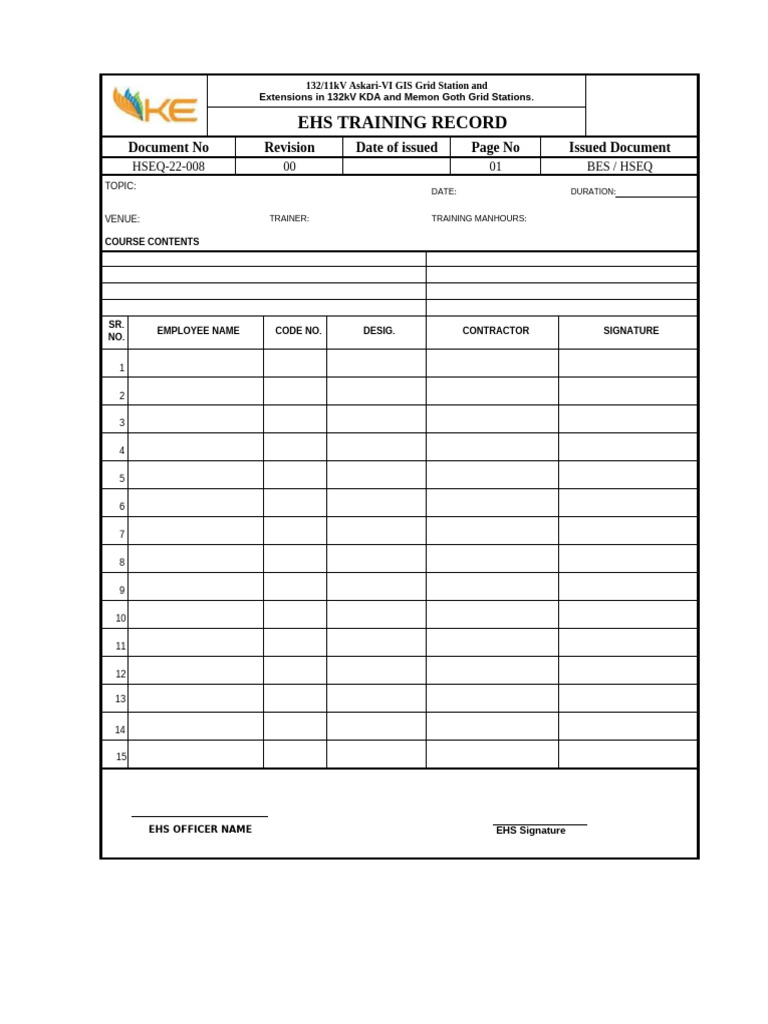 HSEQ-22-008 EHS Training Record | PDF