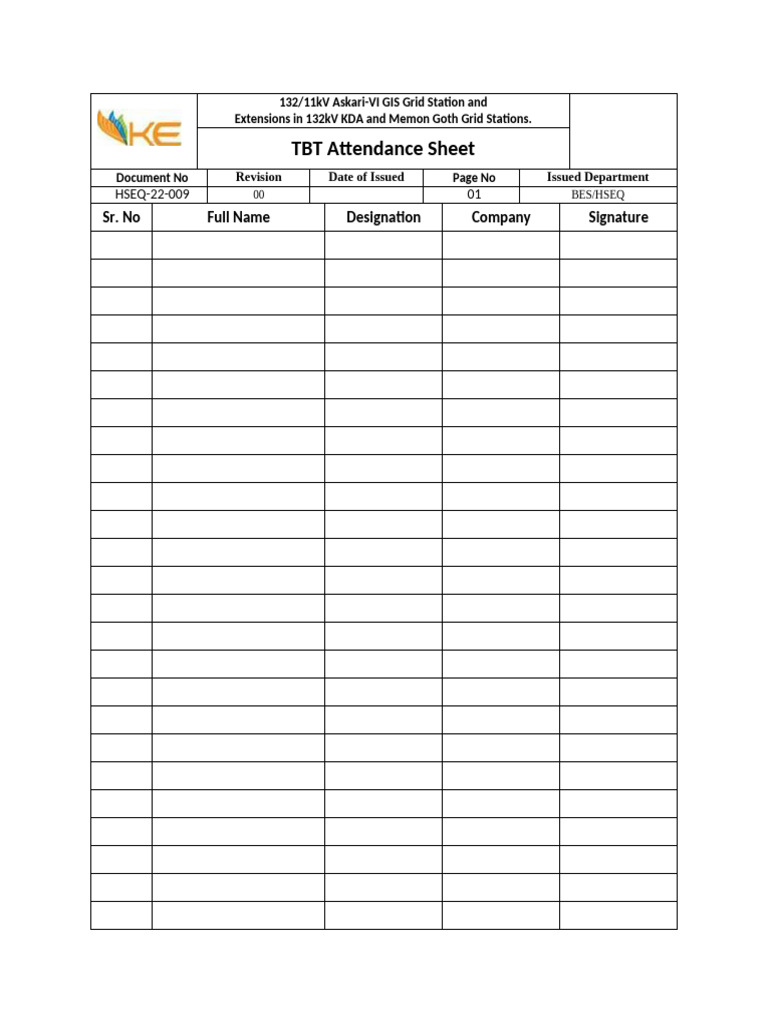 HSEQ-22-009 TBT Attendance Sheet | PDF