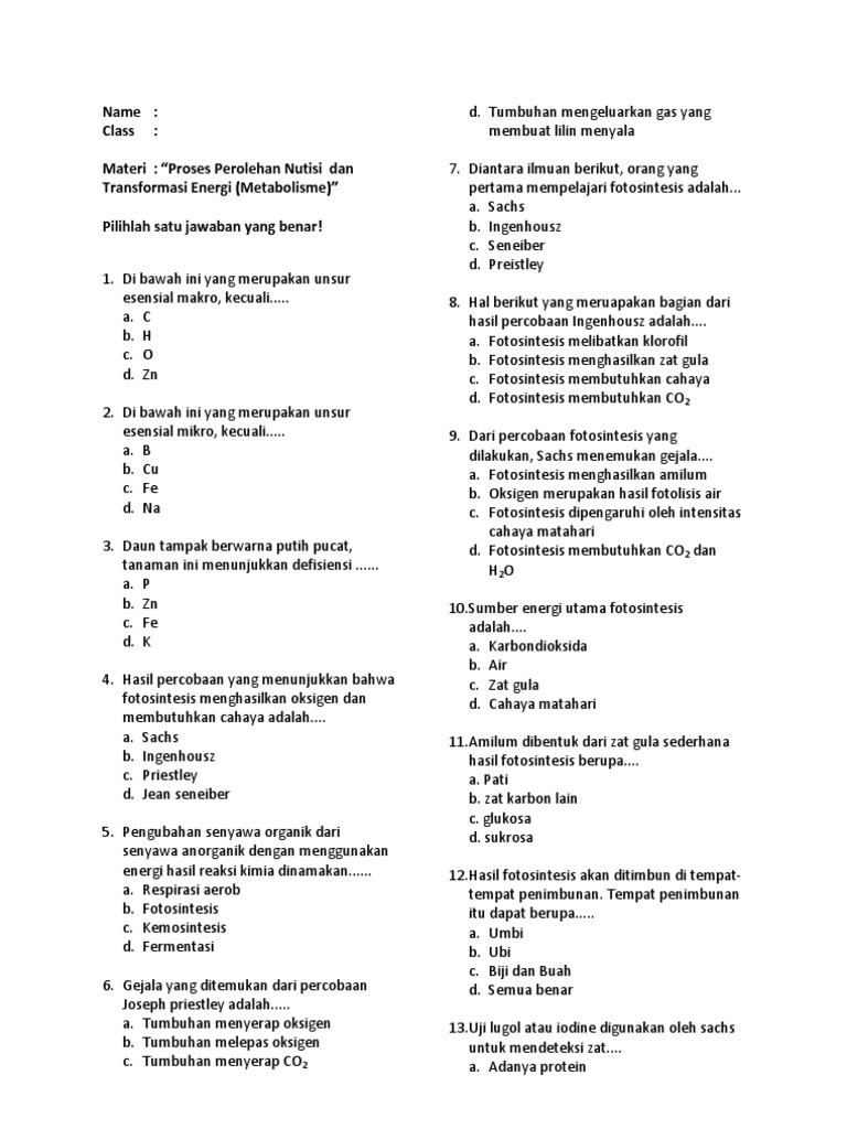 Latihan Soal Kls 8 SBI Metabolisme | PDF