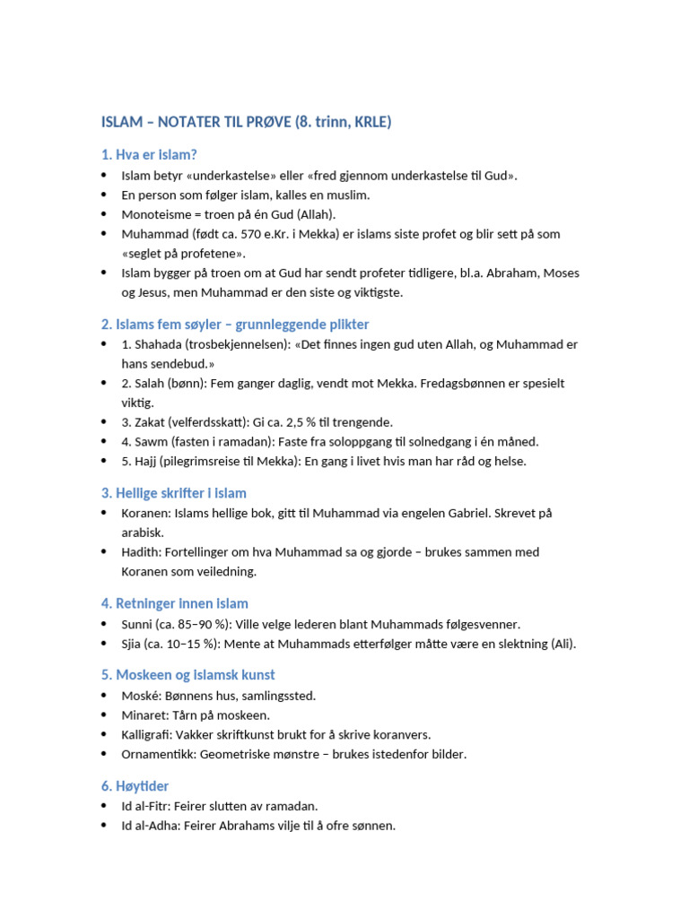 Islam Notater 8 Trinn KRLE | PDF