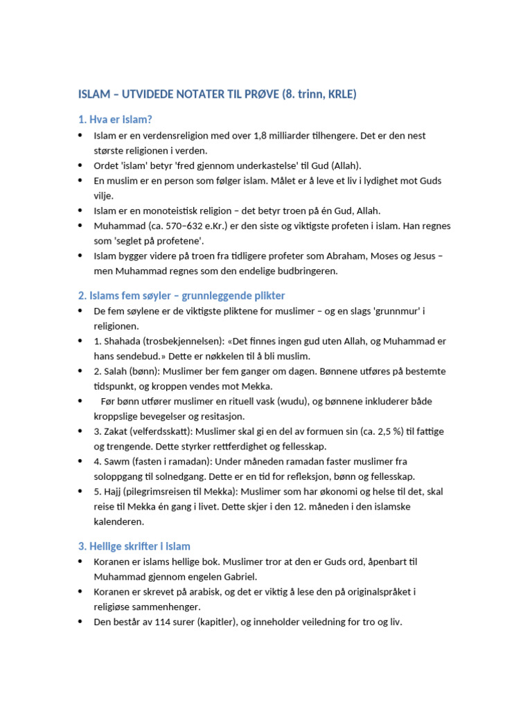 Islam Utvidede Notater 8 Trinn KRLE | PDF