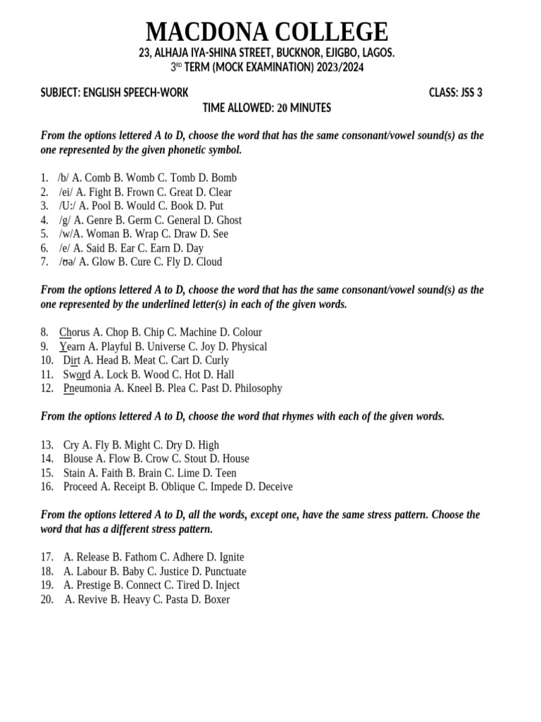 JSS3 English Speech Mock Exam 2023 | PDF