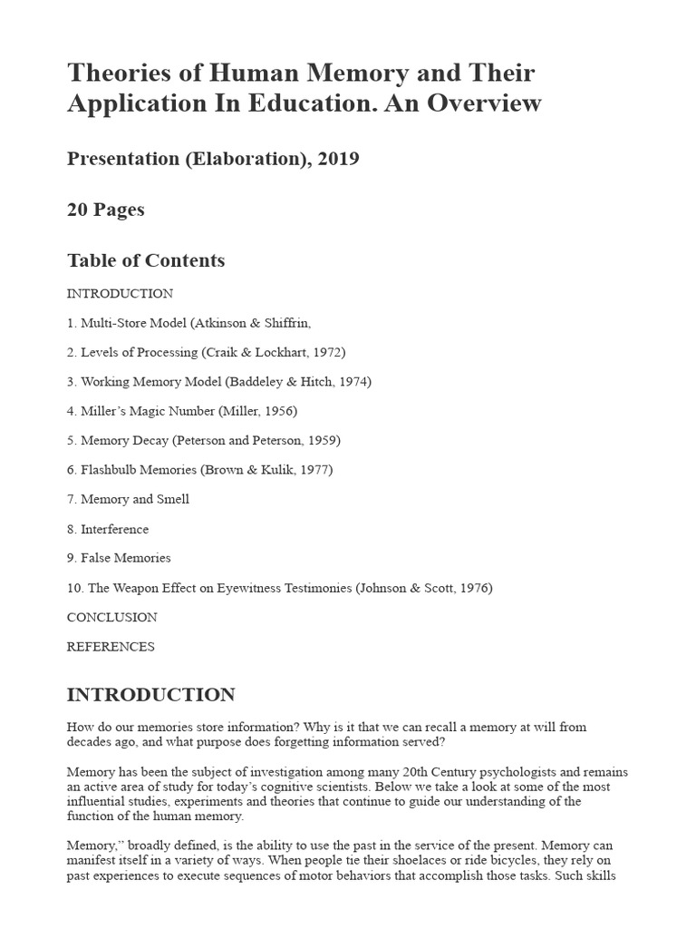 Theories of Human Memory and Their Application in Education. An ...