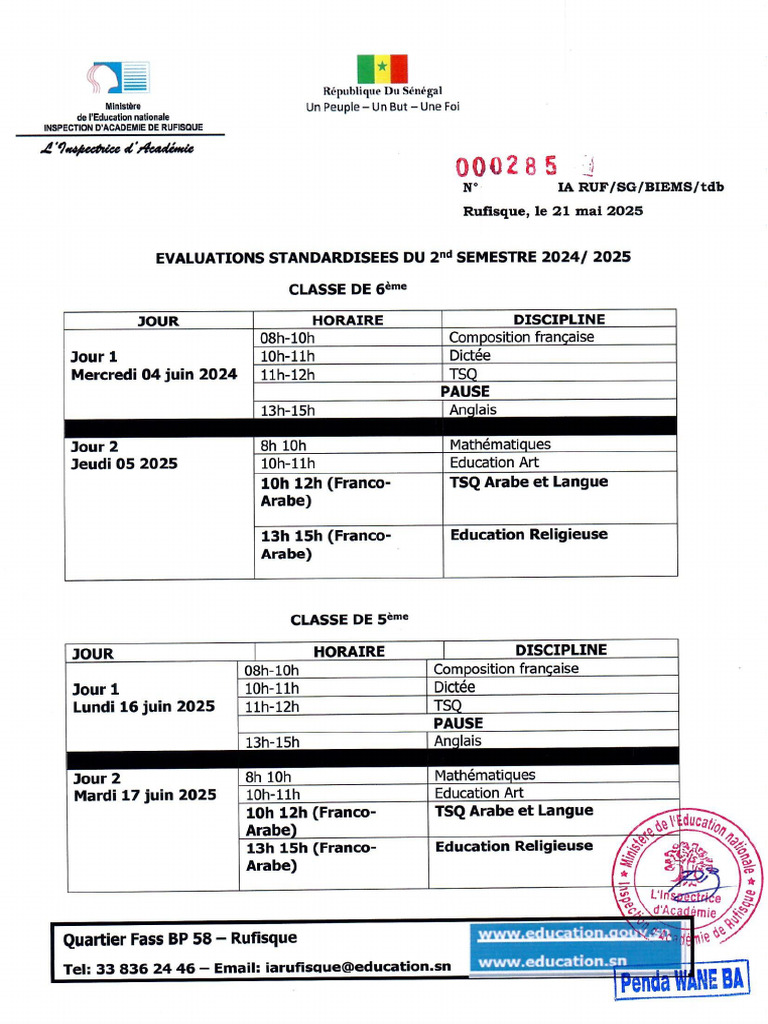 Calendrier Composition 2nd Semestre 2025 6ème 5ème Et 4ème | PDF