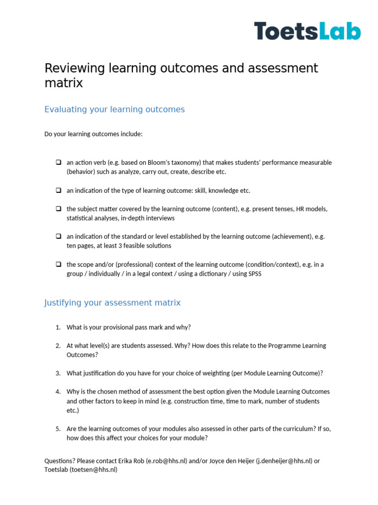 Checklist Reviewing Learning Outcomes and Assessment Matrix | PDF