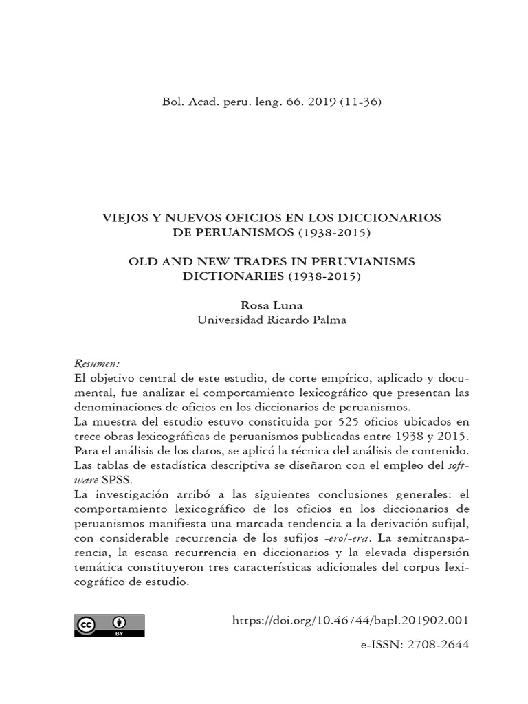 2019 Viejos y nuevos oficios en los diccionarios de peruanismos (1938-2015) OLD AND NEW TRADES ...