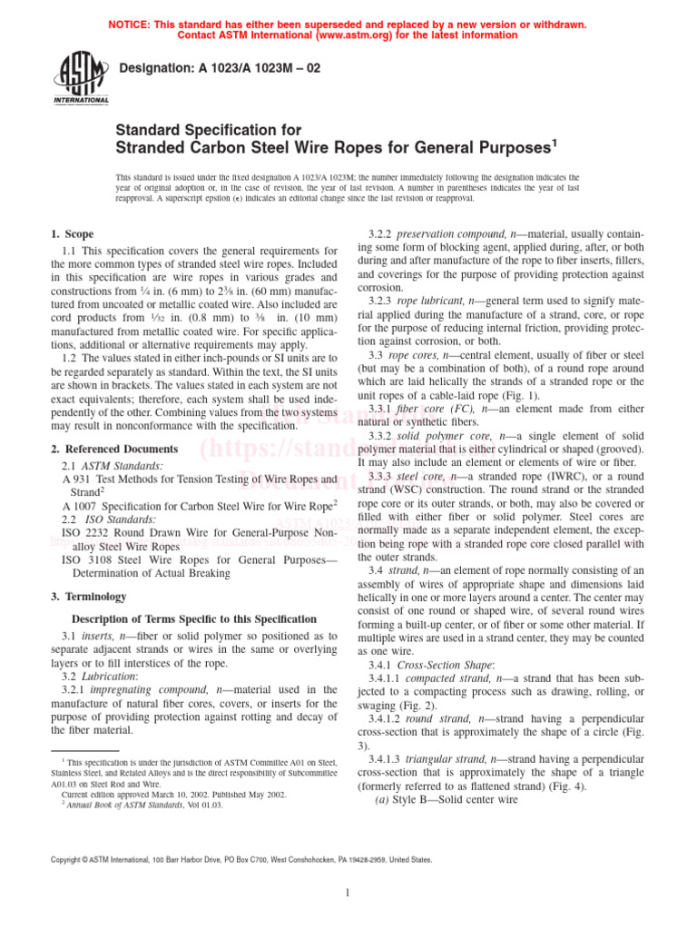 ASTM-A1023-02 - (p.1-11) Carbon-Steel-Wire-Ropes | PDF | Wire | Rope