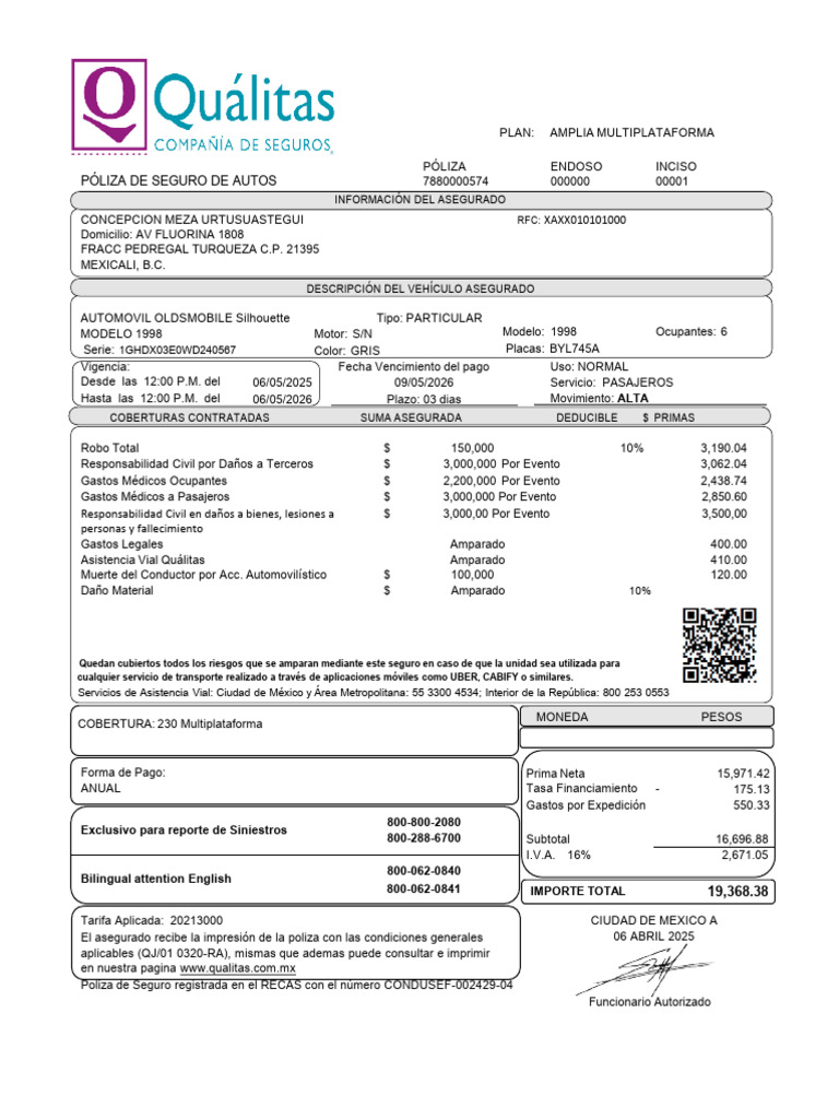 Qualitas Plataforma | PDF | Póliza de seguros | Riesgo financiero