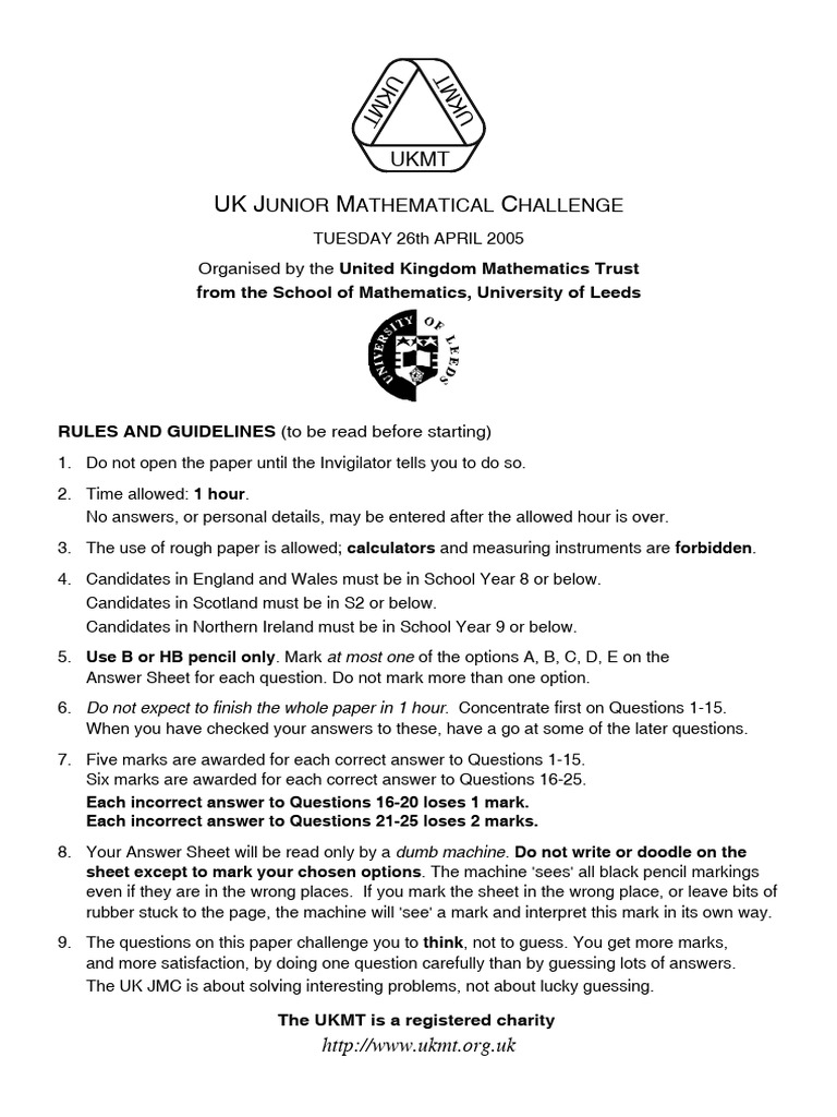 UK Junior Mathematical Challenge 2005 Rules | PDF | Rectangle ...