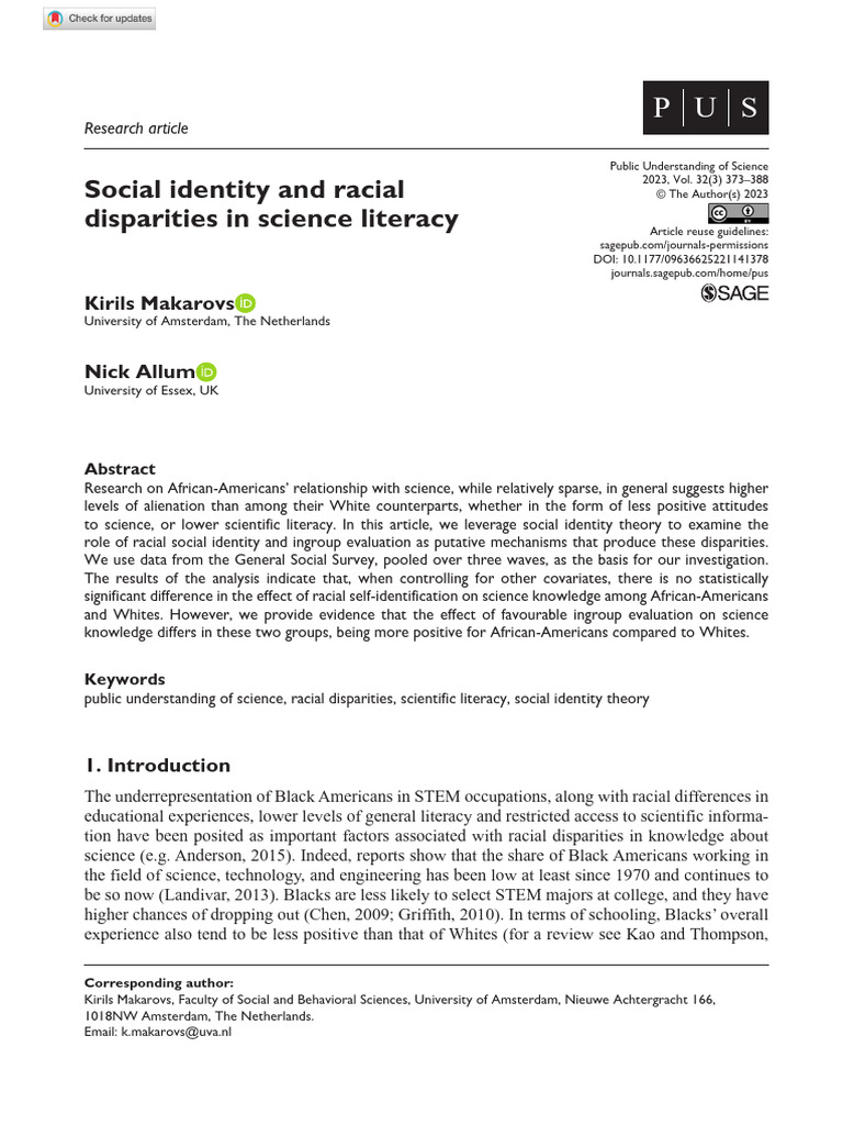 Racial Disparities in Science Literacy | PDF | Stereotypes | Survey ...