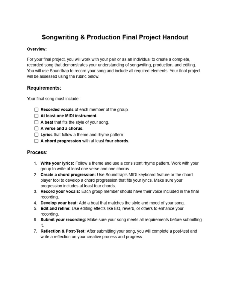 Songwriting & Production Project Handout | PDF | Song Structure ...