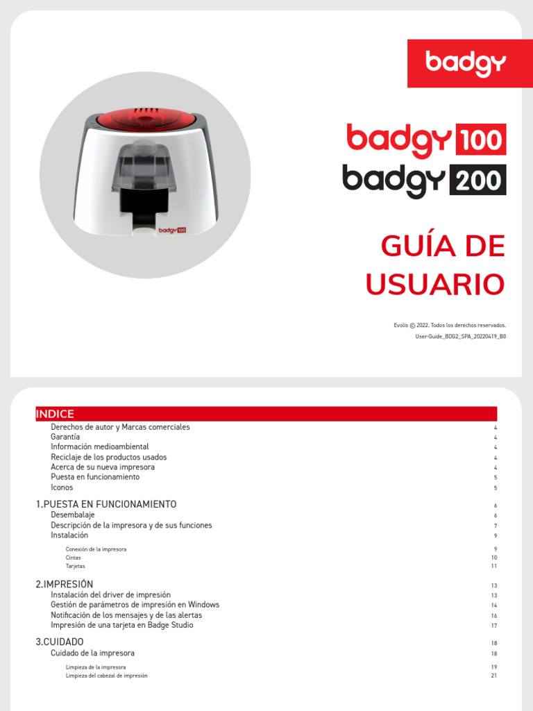 Guía de Usuario Impresora Badgy 100/200 | PDF | Impresora (Computación ...