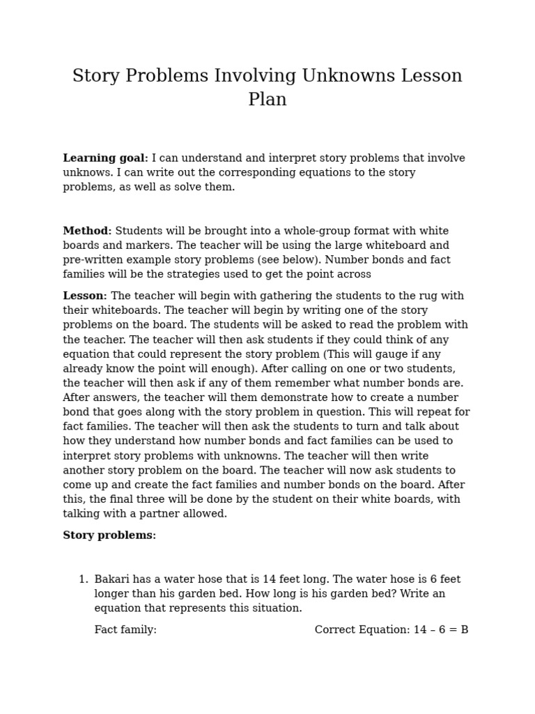 Story Problems With Unknowns Lesson Plan | PDF | Learning