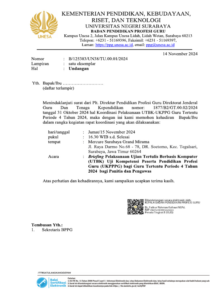 Undangan Briefing Pelaksanaan UTBK UKPPPG Bagi Guru Tertentu Periode 4 Tahun 2024 Bagi Panitia ...