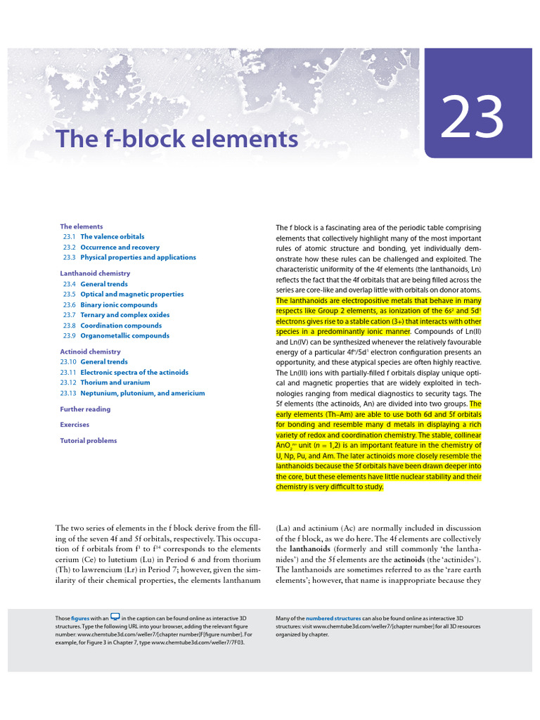 F Block Chapter Fro New Book With | PDF | Lanthanide | Actinide