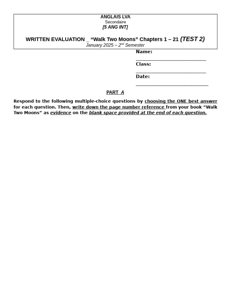 ANGLAIS LVA - 5 INT - TEST 2 - WALK TWO MOONS - Sem - 2 | PDF | Tests ...