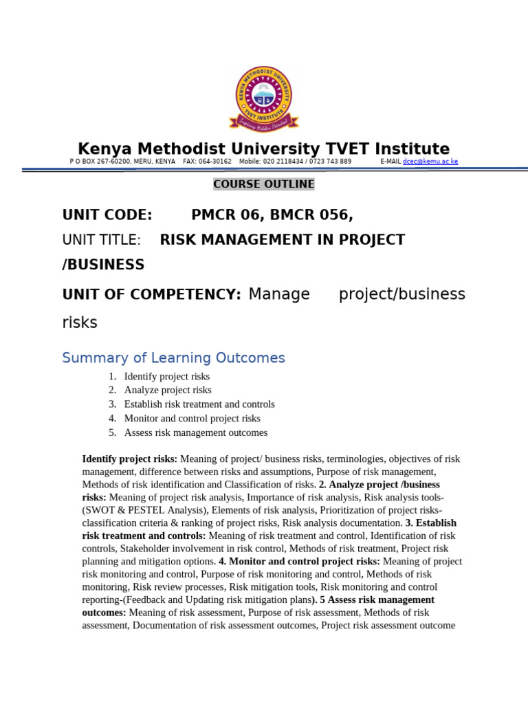 Risk Management in Projects Course Outline | PDF
