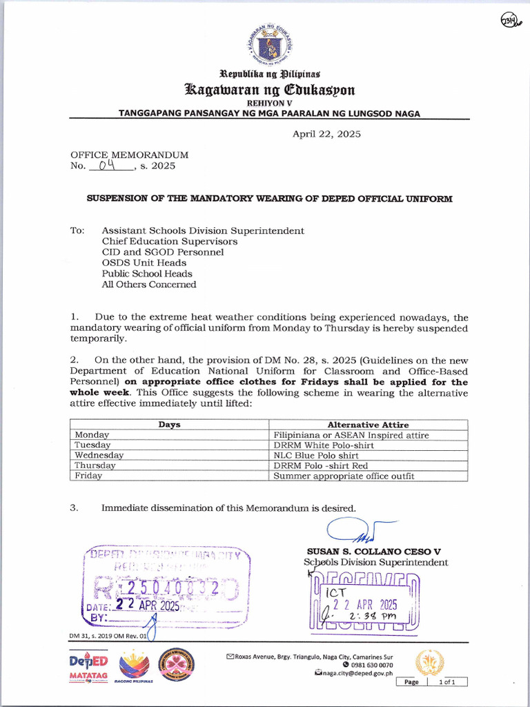 Office Memorandum No. 4 S. 2025 Suspension of The Mandatory Wearing of ...