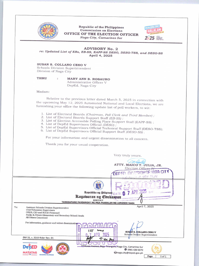 Advisory No. 2 April 7, 2025 Updated List of Ebs, Eb-Ss, Eapp-Ss Deso, Deso Tss and Deso Ss ...
