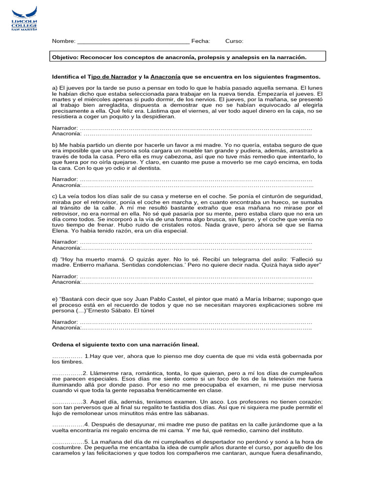 Segundo Medio - Lenguaje - Anacronía | PDF