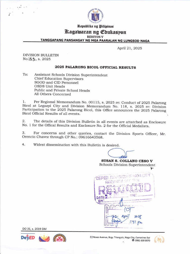 Division Bulletin No. 155 S. 2025 2025 Palarong Bicol Official Results | PDF