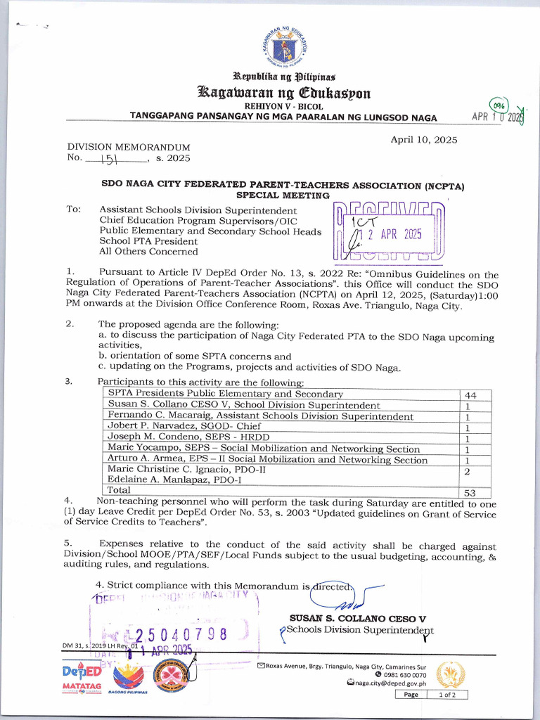 DM No. 151, S. 2025 SDO Naga City Federated Parent-Teachers Association ...