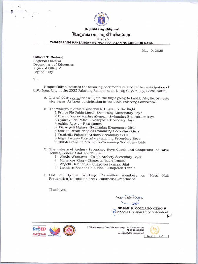 Letter For RD Gilbert T Sadsad (SDO Naga City) | PDF