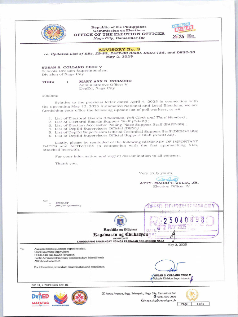 Unnumbered May 2, 2025 Comelec, Updated List of Ebs, Eb-Ss, Eapp-Ss Deso, Deso-Tss, and Deso-Ss ...