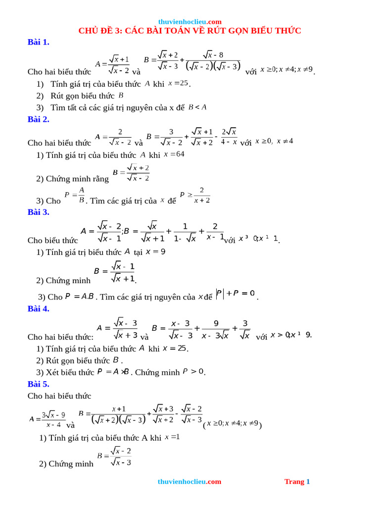 Toan 9 Tuyen Sinh 10 Chu de 3. Cac Bai Toan Rut Gon Bieu Thuc | PDF