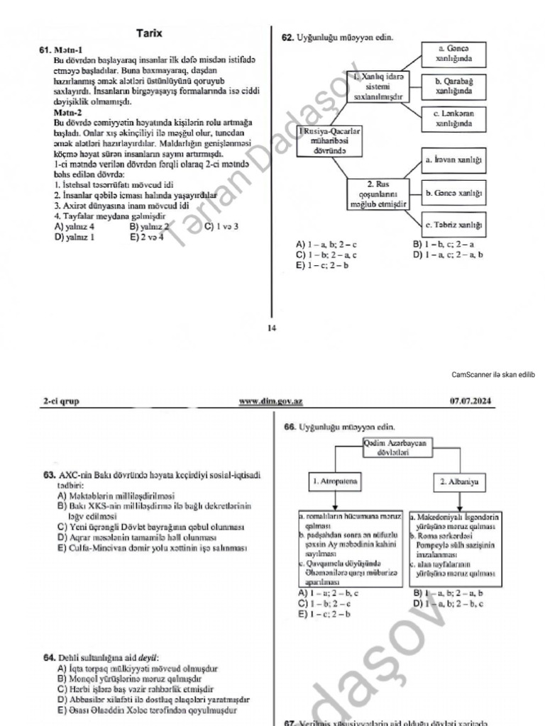 07.07.2024 II Qrup Qəbul Tarix Sualları - Tərlan Dadaşov | PDF