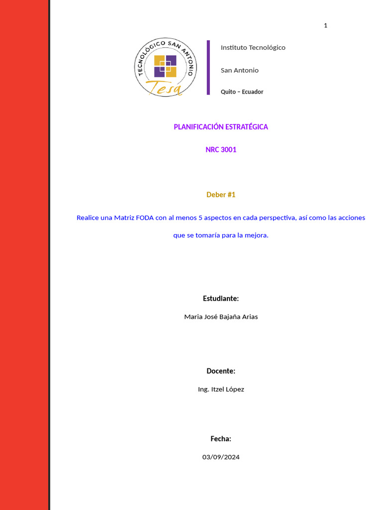 Deber #1-Matriz FODA-Planificacion Estrategica-Maria Jose Bajaña | PDF | Marketing | Panes